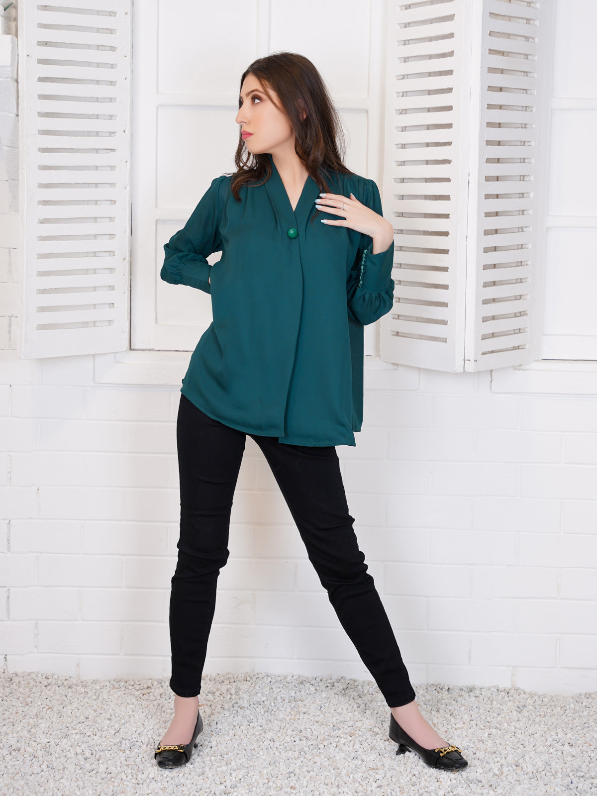Shop online Dark Green beautifully embellished texture Top for girls